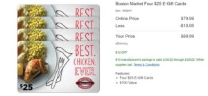 Costco: Purchase $100 Boston Market Gift Card for $69.99