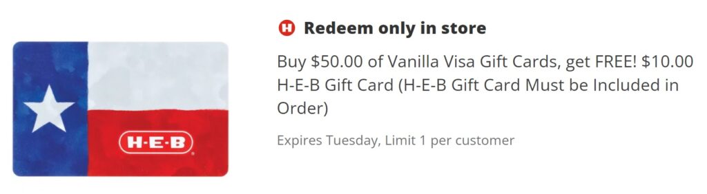 HEB: Get $10 HEB Gift Card w/ $50 Vanilla Visa Gift Card Purchase ...